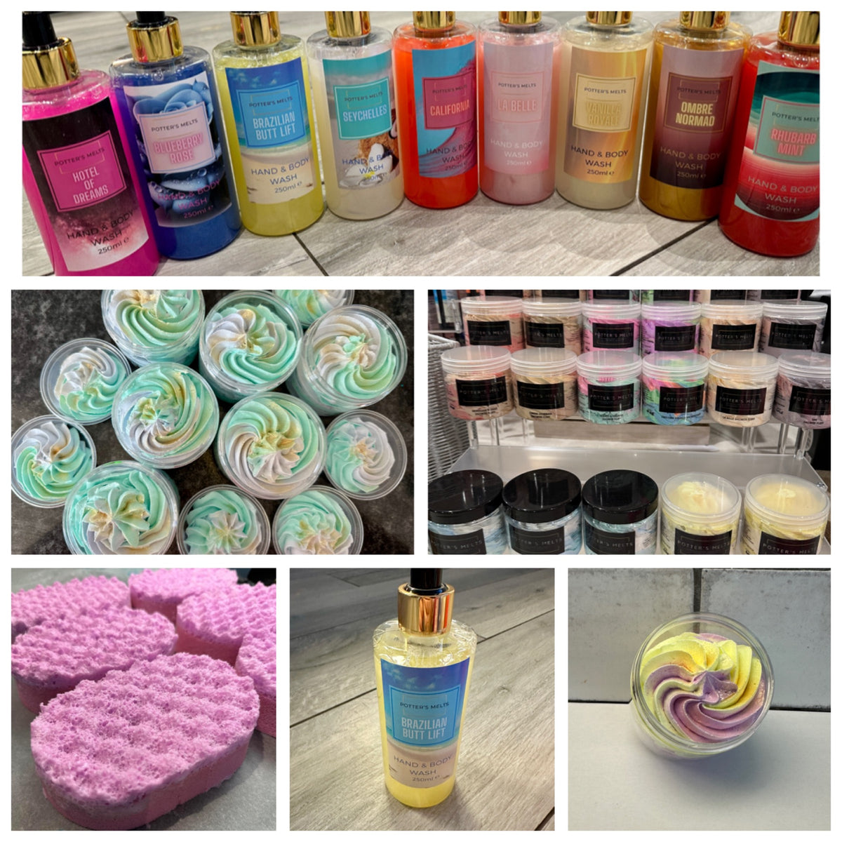 Shower Fluff, Sugar Scrubs, Body Butters, Soap Sponges, Hand Wash, Han